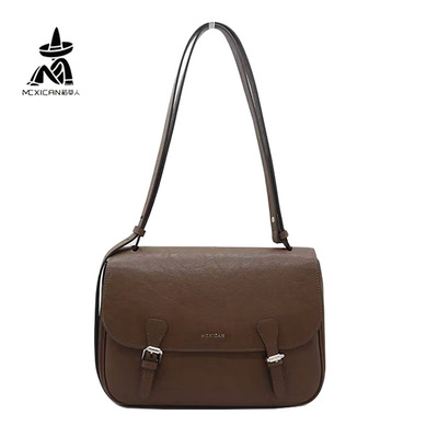 稻草人牛品女包2025冬复古棕色邮差包单肩斜挎双扣带翻盖包剑桥包