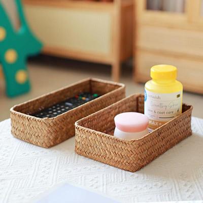 新疆包邮玄关钥匙收纳篮桌面海草编织框藤编杂物盒遥控器收纳盒竹
