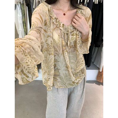 元派 清新碎花系带长袖小衫2026夏新款度假防晒雪纺衫上衣A6396