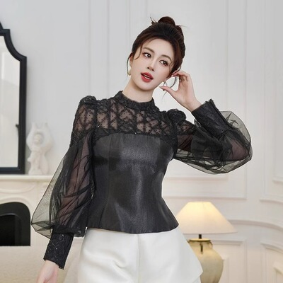 法式圆领网纱灯笼长袖拼接上衣