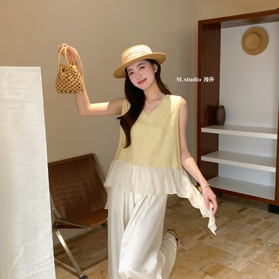 MSTUDIO漫莎-轻纱蝶舞飘飘逸荷叶边蝴蝶刺绣气质上衣背心2027