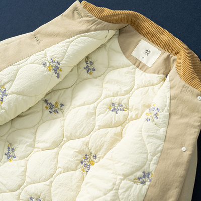 亚麻棉夹棉内里刺绣短款棉服外套