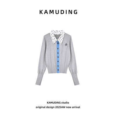 KAMUDING2025新款C45波点翻领拼接撞色设计感显瘦针织开衫25293