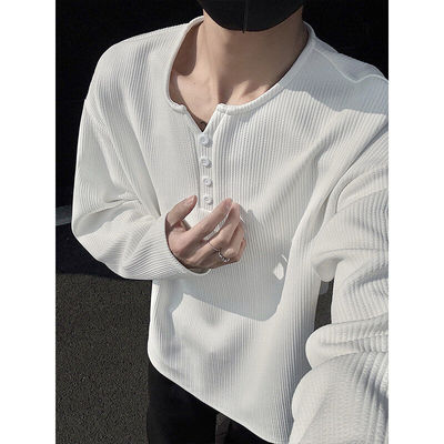 春秋肌理感V领T恤长袖男重磅美式