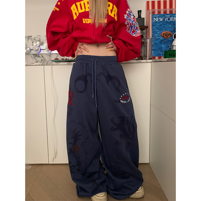 JMJ 美式设计感印花松紧腰阔腿卫裤男女宽松休闲慵懒垂感休闲裤