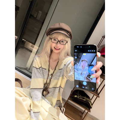 JMJ 美式慵懒风V领拼色条纹长袖针织衫男女春秋宽松休闲百搭毛衫