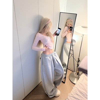 JMJ 美式复古字母刺绣阔腿叠褶卫裤男女宽松休闲直筒百搭垂感长裤