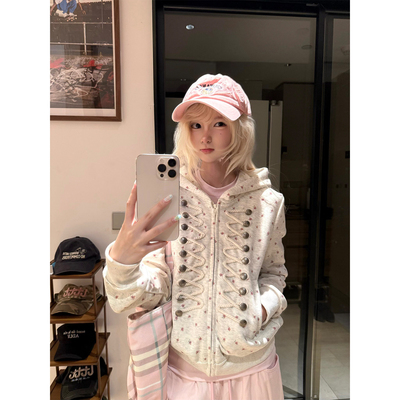 JMJ 美式设计感碎花满印纽扣麻绳连帽开衫卫衣男女春秋百搭帽衫