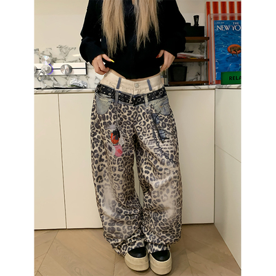 JMJ 美式做旧渐变豹纹休闲裤男女宽松潮流百搭直筒阔腿拖地长裤