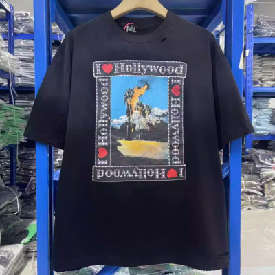 高街复古字母印花水洗做旧T恤