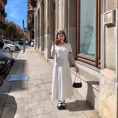 果核宇宙法式双排扣短袖连衣裙