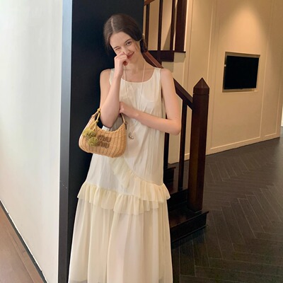 果核宇宙珠光肌理拼接薄纱连衣裙
