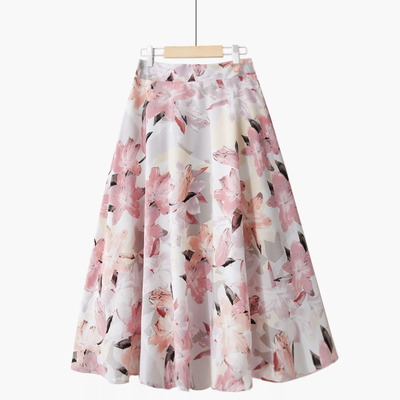 秋冬韩版时尚通勤大摆印花半裙甜美花色雪纺高腰显瘦中长款半身裙
