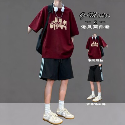 港风短袖套装男士夏季印花T恤搭配潮流短裤青少年休闲运动两件套