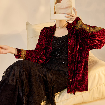 新中式高定秋季新款丝绒衬衫女抓皱烫金民族风长袖上衣 N9046