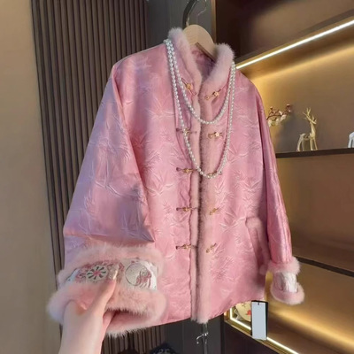 粉色新中式外套夹棉棉服立领女