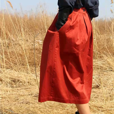 现货MHL中长款半身裙女2025早秋新款纯棉高腰英伦风过膝大摆A字裙