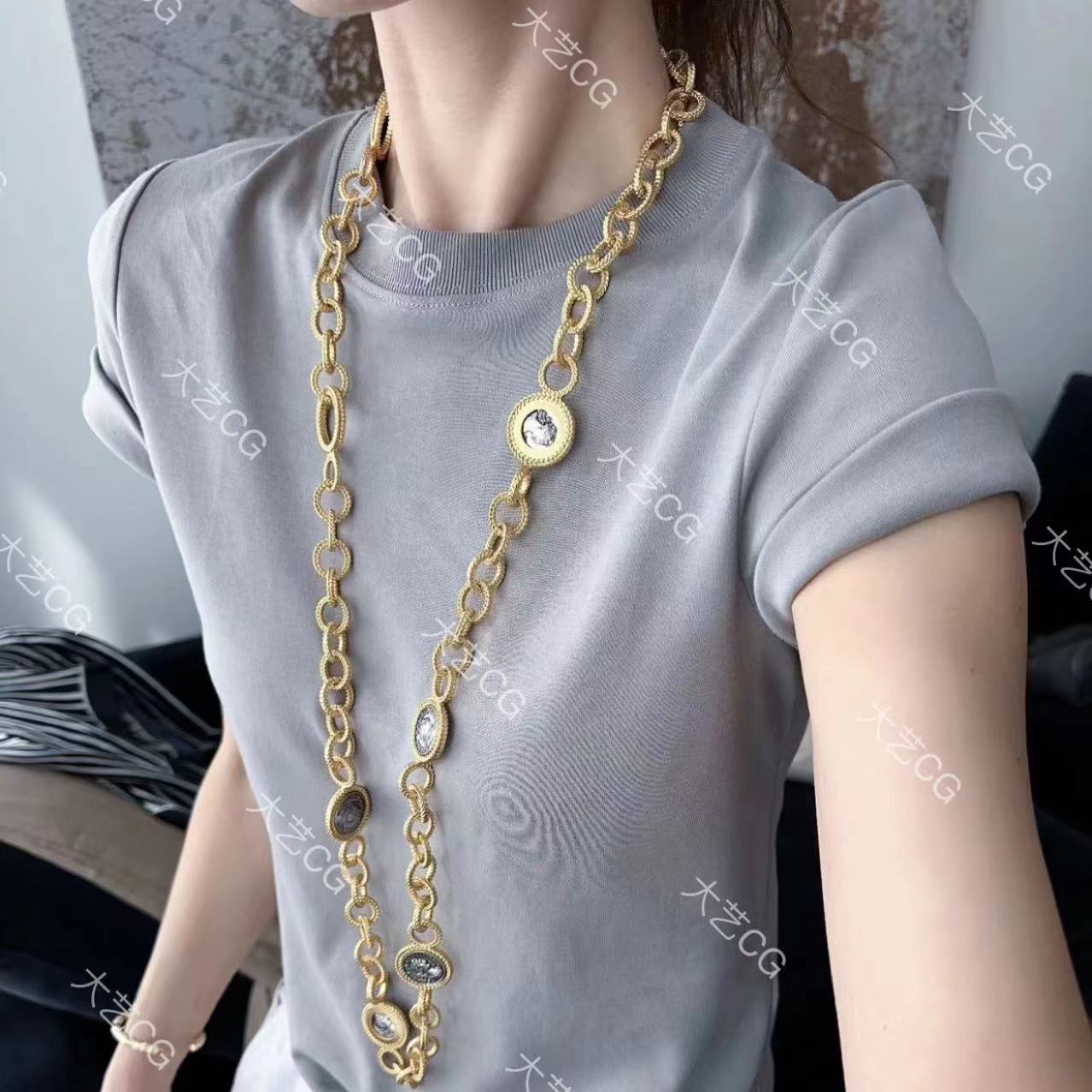 超长多种戴法古币项链金色复古重工金属感链条项链多层腰链