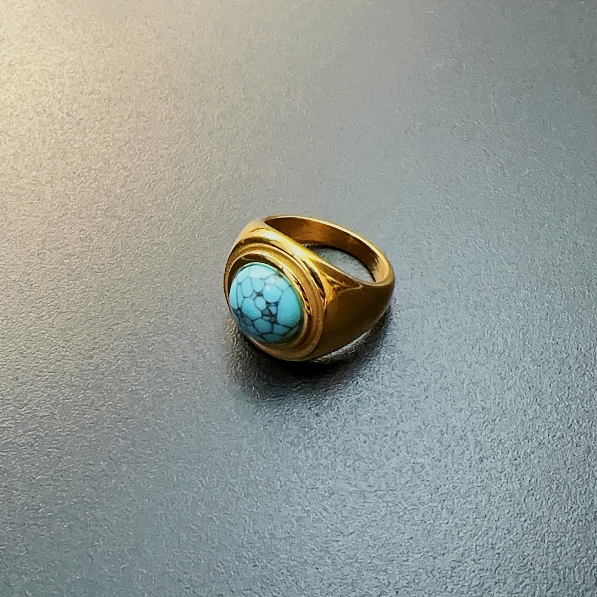 复古蓝色戒指金属感简约指环圆形vintage蓝松石金色中古风饰品