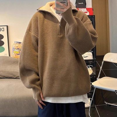 美式半拉链毛衣男秋冬季潮牌复古咖啡色针织衫oversize高级感外套