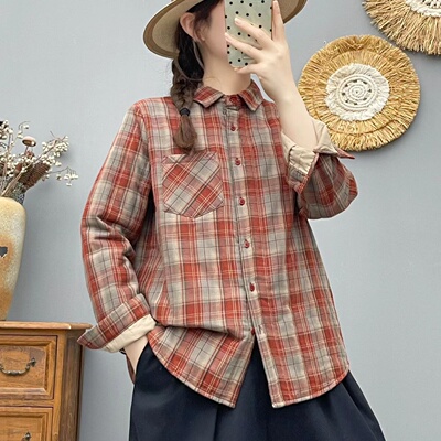 100%棉服复古格子夹棉衬衫女冬季宽松显瘦文艺休闲百搭上衣87443