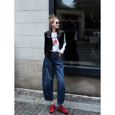 MISSKO可可欢姐早春新款复古做旧立体口袋设计八分女士牛仔工装裤