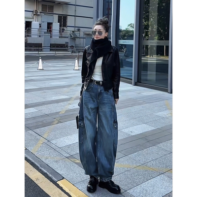 MISSKO可可欢姐早春新款复古口袋裤脚可收显瘦工装弯刀牛仔裤女