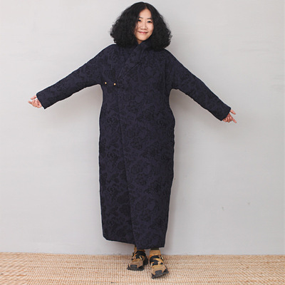中国风棉袄女冬季 杭州女装棉衣 深蓝色提花 斜襟长款棉袍201020