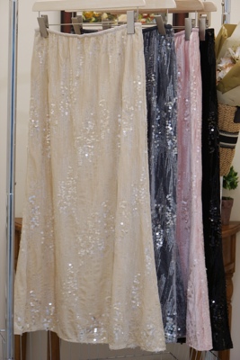 鱼尾亮片半身裙显瘦杏色及踝长裙