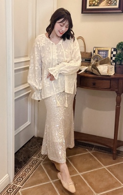 鱼尾亮片夏季杏色弹性长裙重工