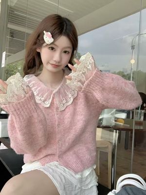 韩系蕾丝拼接假两件开衫毛衣女秋冬2025新款小香风软糯针织衫上衣