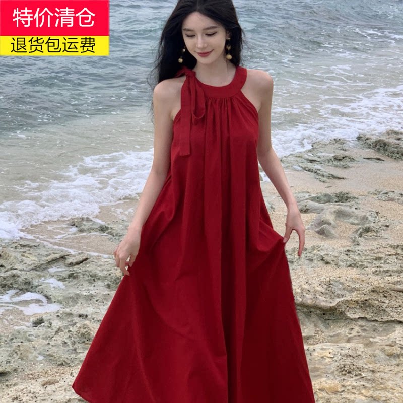 法式度假风无袖挂脖红色连衣裙女夏季云南三亚海边度假氛围感长裙