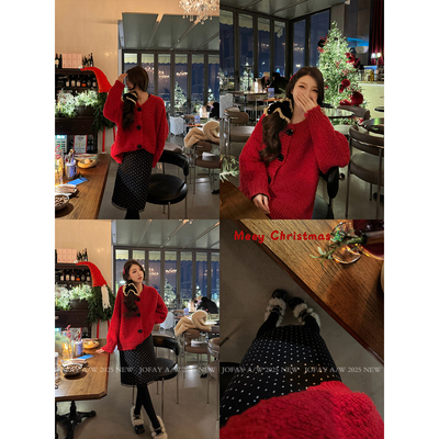 小侨jofay 岁岁发财红毛衣 冬季女装新款红色粗针毛衣上衣外套