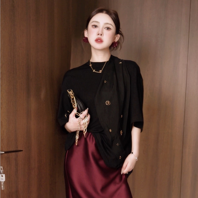 设计感100%醋酸飘带加上衣短袖女气瘦DD1203