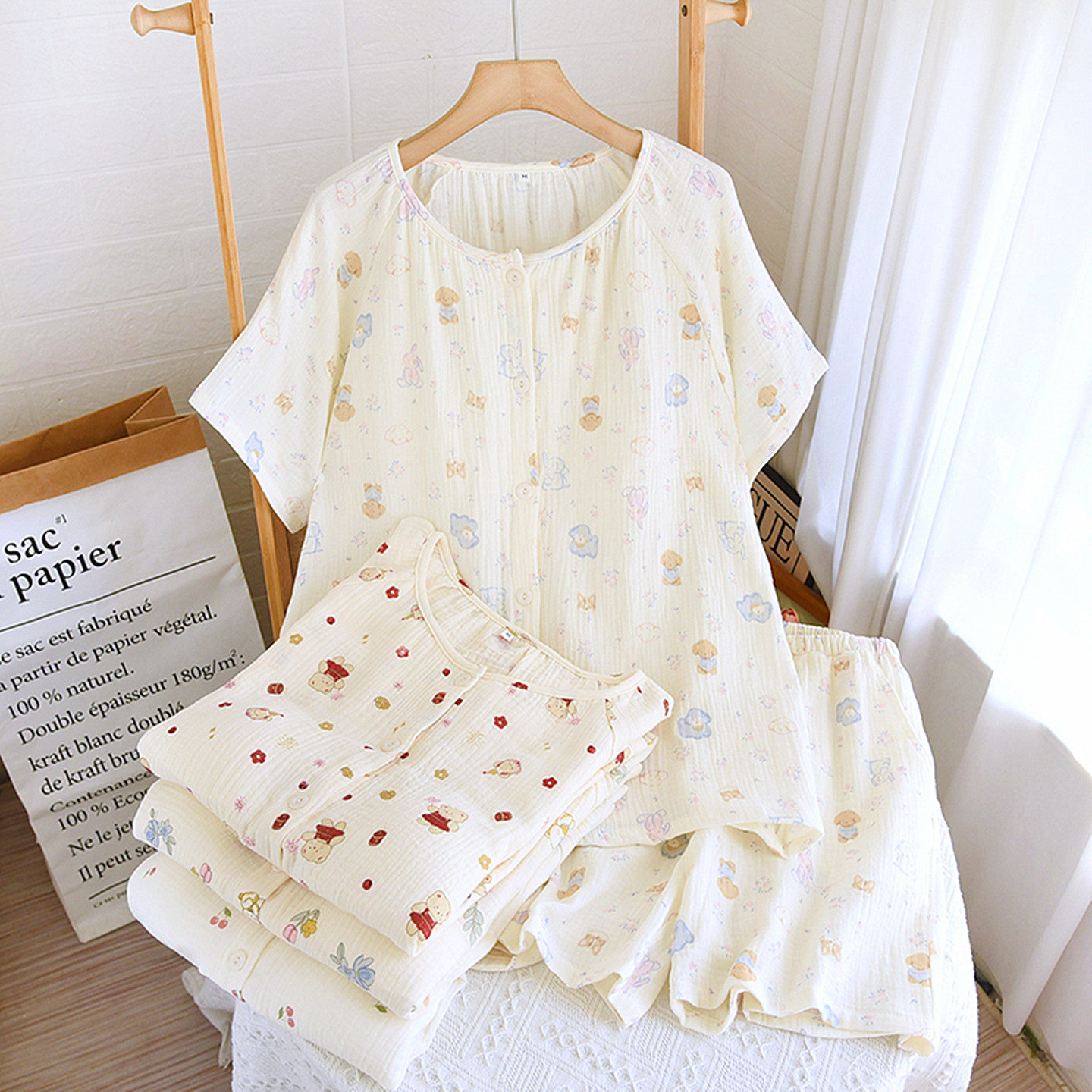 自带胸垫纯棉纱布睡衣女夏季无领短袖短裤薄款全棉绉布家居服套装