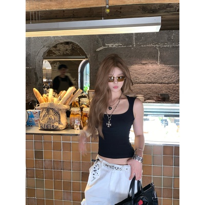 CAFE ROSE辣妹风U领背心女夏季新款修身显瘦设计感百搭短款上衣潮