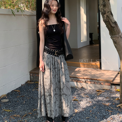 BestU复古印花拼接吊带连衣裙女