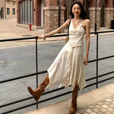 BestU简约荡领吊带连衣裙女