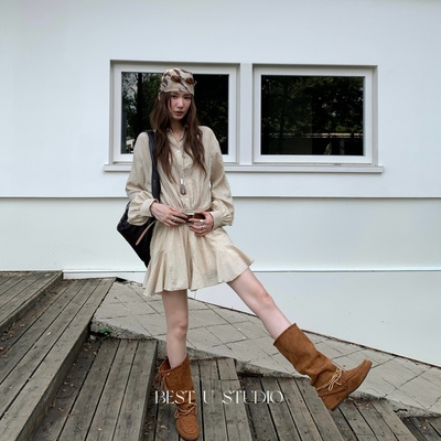 BestU复古纯色宽松衬衫连衣裙