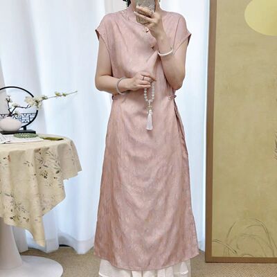 彩色提花缎面斜襟改良型旗袍裙女