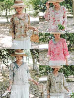 晕染刺绣手工盘花苎麻上衣衬衫