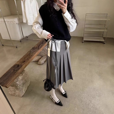 Lakeside春季新款韩国东大门潮牌同款侧开叉百褶裙半身裙韩版女款