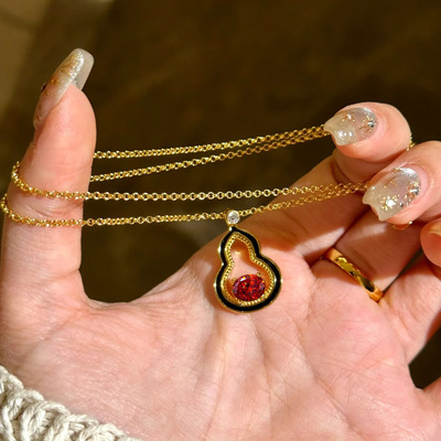 轻奢高级感中国红葫芦项链新中式国风小众滴胶珐琅彩镶钻吊坠女