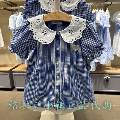 PawinPaw童装夏女童翻领格纹衬衫