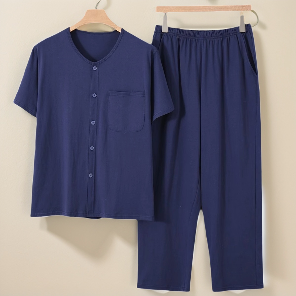 中老年男士纯棉睡衣套装夏季薄款短袖长裤爸爸家居服爷爷上衣