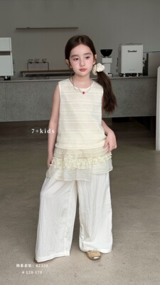 7+潮牌女童2026夏洋气女童韩系蕾丝花边无袖上衣阔腿裤套装82320