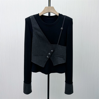 香●2026春季新品 长袖t恤女设计感小众拼接假两件打底上衣1689