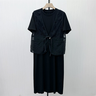 KA●2026夏季新品 连衣裙套装女宽松短袖T恤裙蕾丝马甲两件套6631