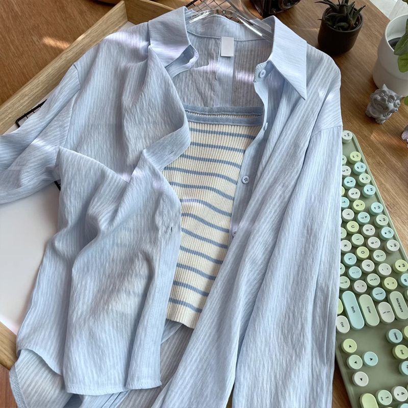 法式长袖开衫配吊带套装外搭薄款防晒衣女2025夏新款蓝色衬衫外套