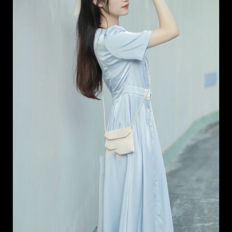 温柔法式蓝色娃娃领连衣裙2026年新款时尚斩女穿搭桔梗长裙女夏季